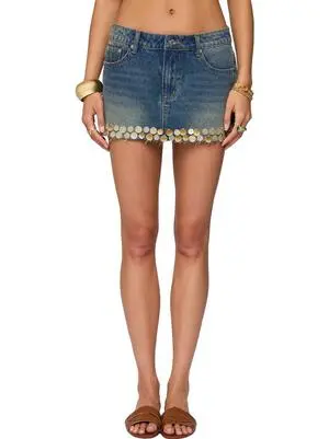 EDIKTED Sequin Trim Denim Miniskirt - Blue-washed