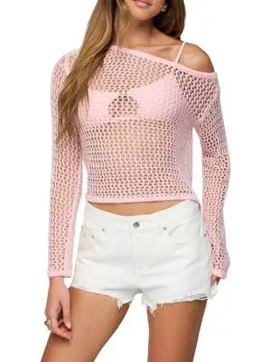 EDIKTED Inara Off-the-shoulder Long Sleeve Mesh Top - Light-pink