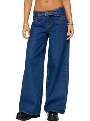EDIKTED Edie Belted Wide Leg Jeans - Blue