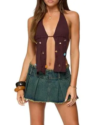 EDIKTED Beaded Distressed Halter Top - Brown