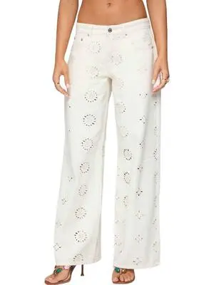 EDIKTED Eyelet Embroidered Wide Leg Jeans - White