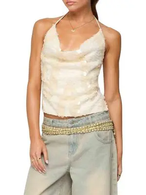 EDIKTED Sequin Cowl Neck Halter Top - Cream