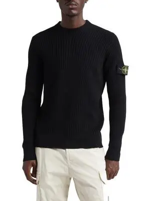 Stone Island Compass Patch Rib Virgin Wool Crewneck Sweater V0029 Black