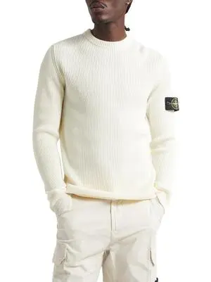 Stone Island Compass Patch Rib Virgin Wool Crewneck Sweater V0093 Ivory