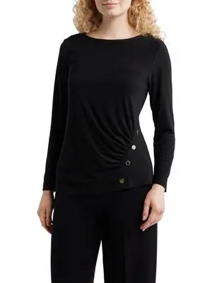 Anne Klein Asymmetric Ruched Top With Rivet Accent - Anne Black