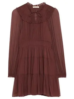 Ulla Johnson Ava Long-sleeve Tiered Silk Mini Dress - Mahogany