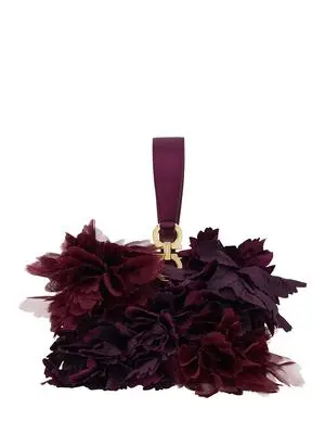 FERRAGAMO Flowers Suede Wristlet Clutch Bag - Plum Nero