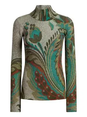 Etro Ribbed Paisley-print Turtleneck Sweater - Grey