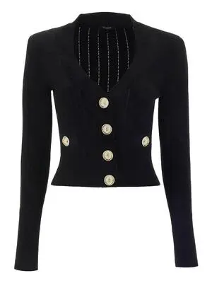 Balmain Ribbed Knit Cardigan With Gold-tone Buttons - Black