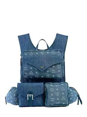 Mcm Large Aren Monogram-jacquard Denim Multi-backpack - Blue