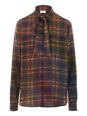 Saint Laurent Check-pattern Tie-neck Shirt - Brown