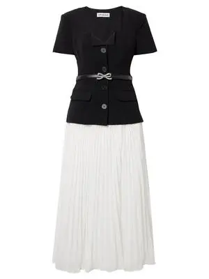 SELF-PORTRAIT Embellished Belted Crepe And Pleated Chiffon Midi Dress - Black