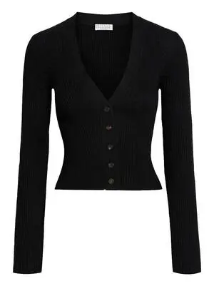 Brunello Cucinelli Ribbed Metallic Cashmere-blend Cardigan - Black