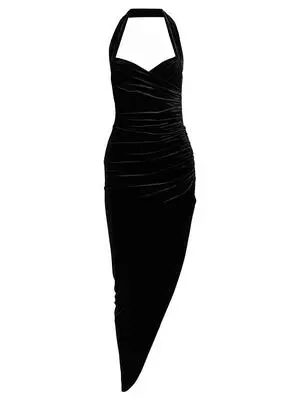 Norma Kamali Asymmetric Ruched Velvet Gown - Black