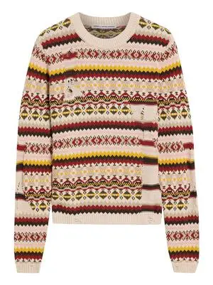 Autumn Cashmere Fair Isle Distressed Intarsia Cotton Sweater - Beige