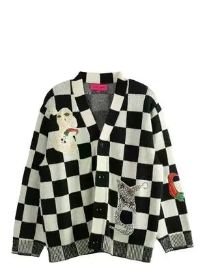 THE ELDER STATESMAN Nora Lite Creatures Check-pattern Embroidered Cardigan - Black