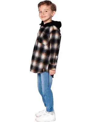 DEUX PAR DEUX Hooded Polar Fleece Overshirt With Hood - Black And Brown Plaid