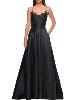 LABOMME Mikado A-line Gown With Lace Detail - Black