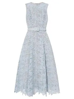 Oscar De La Renta Belted Floral Lace Midi Dress - Blue