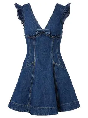 SELF-PORTRAIT Bow-detail Ruffled Denim Mini Dress - Blue