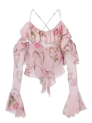 Blumarine Ruffle-trimmed Floral Silk Top - Pink