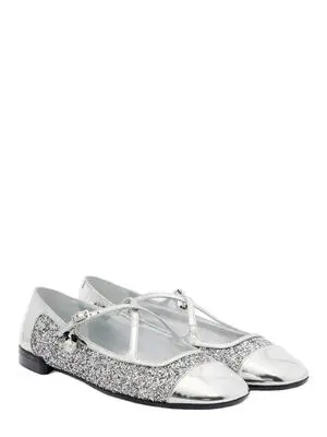 JIMMY CHOO Eleri Glitter Leather Ballet Flats - Silver