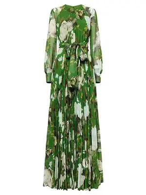 Erdem Floral-print Long-sleeve Chiffon Gown - Painted Rose Olive