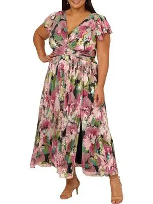 Adrianna Papell Metallic Floral Maxi Cocktail Dress - Navy/pink Multi