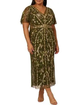 ADRIANNA PAPELL Embroidered & Beaded Evening Gown