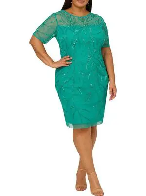 Adrianna Papell Bead Embellished Cocktail Sheath Dress - Exotic Jade