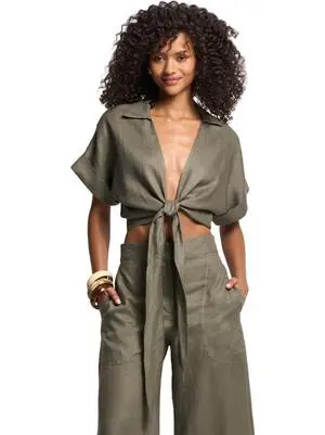JBQ Chiara Cropped Linen Top With Exaggerated Collar And Cuffed Sleeves - Moss