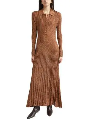 Zimmermann Mouline Long-sleeve Ribbed Maxi Dress - Chocolate Multi