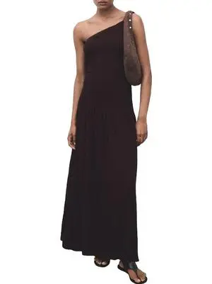 Mango Asymmetric Smocked One-shoulder Midi Dress - Chocolate