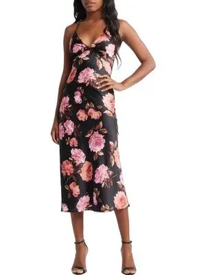 EMERALD SUNDAE Floral Print Sleeveless Satin Cocktail Dress - Black/pink