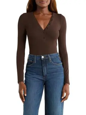 FRAME The Mesh Trim Rib Henley - Coffee
