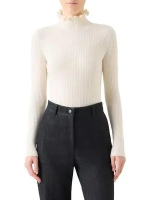 Akris Ruffle Mock Neck Wool Sweater - Cream