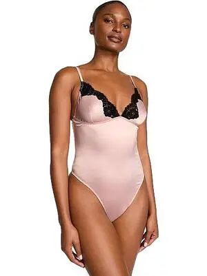 Victoria's Secret Dream Angels Satin Lace-trim Bodysuit - Beige