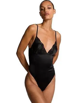 Victoria's Secret Dream Angels Satin Lace-trim Bodysuit - Black
