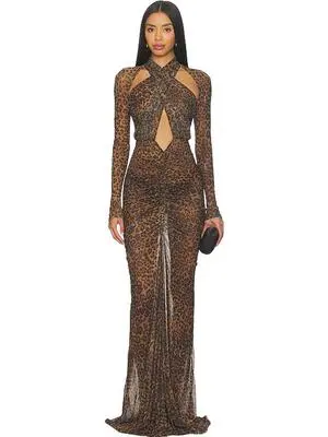 Lapointe Printed Mesh Halter Ruched Gown - Leopard