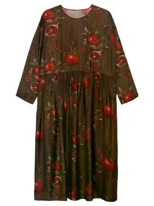 UMA WANG Pomegranate-print Gathered Midi Dress - Brown