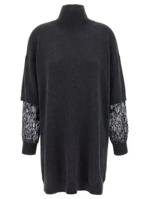 Brunello Cucinelli Sequin-embellished High-neck Mini Dress - Grey