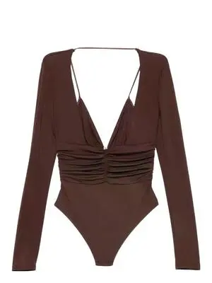 Elisabetta Franchi Long-sleeved Ruched Bodysuit - Brown