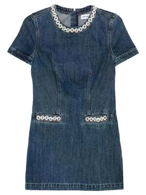 SELF-PORTRAIT Embellished Pocket Denim Mini Dress - Blue