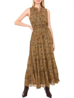 1.State Abstract Print Tie Neck Tiered Maxi Dress - Caramel