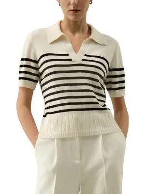 Lilysilk Striped Cashmere Polo Sweater - Black&white Stripes