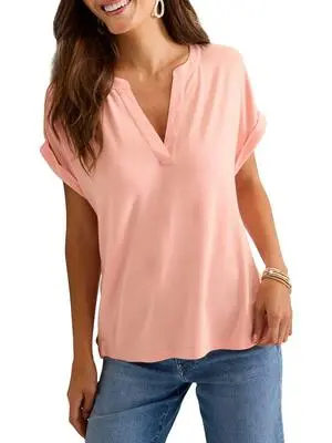 Tommy Bahama Split Neck Knit Top - Light Salmon