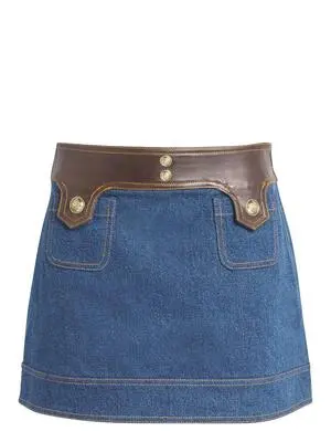 Sandro Denim Skirt With Leather Trim - Blue