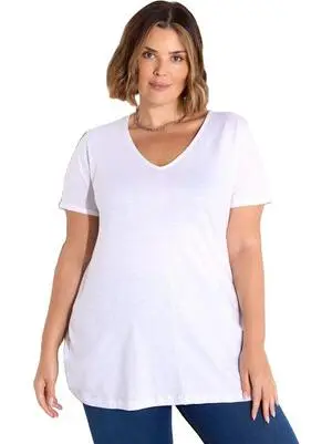 LIVE UNLIMITED Cotton Slub V-neck Longline T-shirt - White