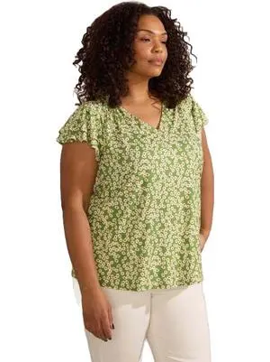 LIVE UNLIMITED Ditsy Jersey Flutter Sleeve Top - Green