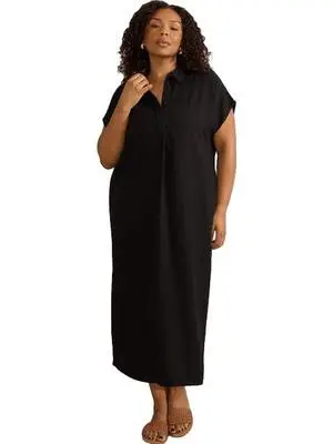 LIVE UNLIMITED Linen Blend Midi Shirt Dress - Black